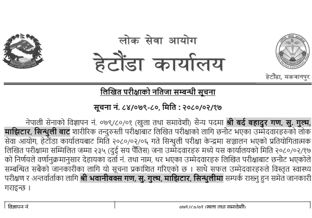Nepal Army Sainya Post Written Exam Result Sindhuli 2080 :: Slicejob